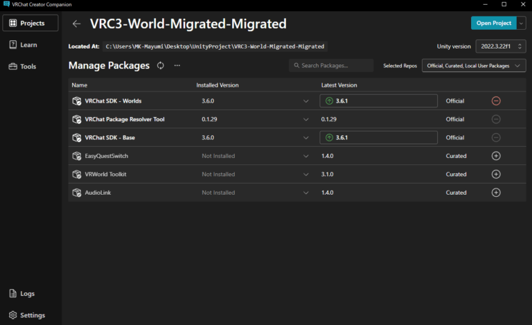 VRChatワールドでAssembly 'Packages/com.vrchat.base～ や Assembly with name 'com.vrchat.core.vpm ...